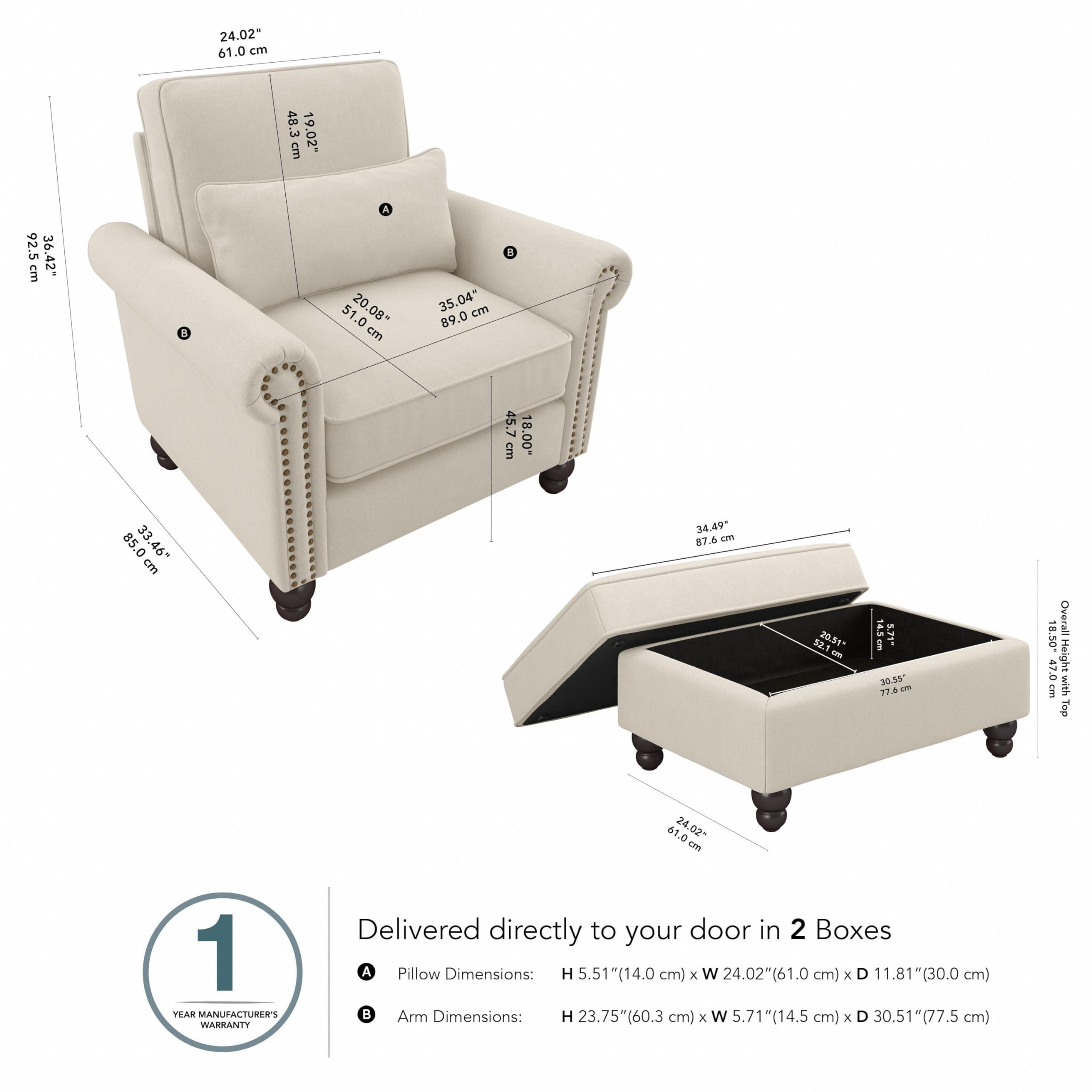 Bush Furniture Coventry Accent Chair with Ottoman Set, Cream Herringbone