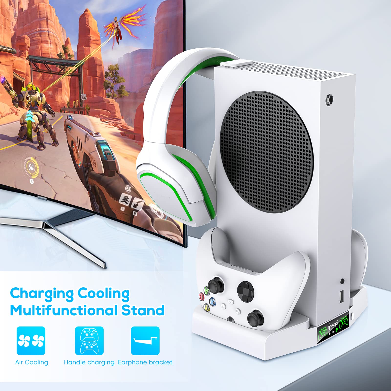 Cooling Stand with Controller Charger for Xbox Series S, Dual Fan Cooling System with Adjustable 3 Speeds, Two Charging Dock with LED Indicator, Headset Holder, 2 USB port for XBS Accessories Device