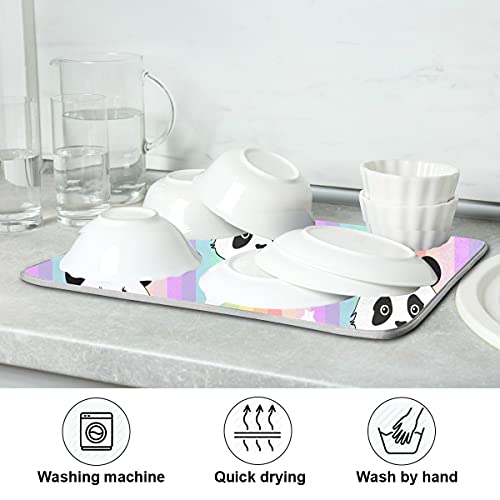 Cartoon Panda Rainbow Stripe Dish Drying Mat Counter Mats for Kitchen Dish Drainer Tray Heat Resistent Mat Terry Cloth Dish Drying Mat 18 x 24