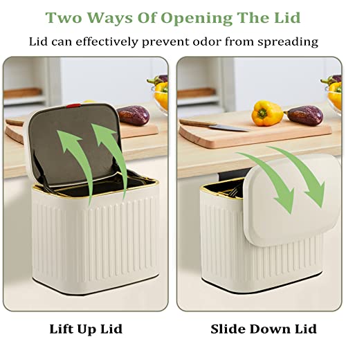 Hanging Kitchen Trash Can with Lid, Sapouni Small Compost Bin for Countertop or Under Sink 1.05 Gallon/4L Wall-Mounted Kitchen Garbage Can Stainless Steel Mini Waste Bins (Milky white,Vertical stripe)