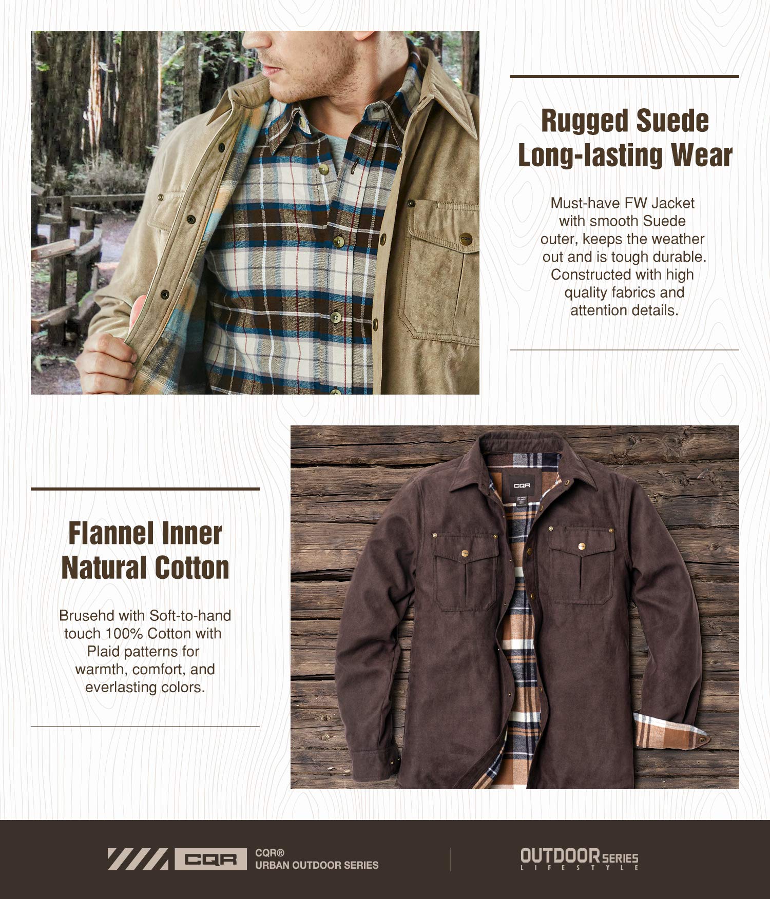 CQR Men's Flannel Lined Shirt Jackets, Long Sleeved Rugged Plaid Cotton Brushed Suede Shirt Jacket, Flannel Lined Calf Brown, Medium