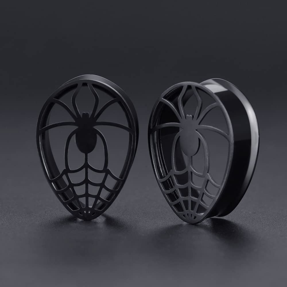 COOEAR Black Ear Gauges Earrings, Tear Drop Ear Tunnels, Spider Logo Ear Plugs, Stainless Steel Expander Stretchers.