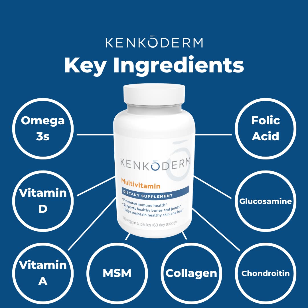 Kenkoderm Psoriasis Moisturizing Cream & Multivitamin Skin Care Bundle, Moisturizing Cream with Salicylic Acid, 10 oz & Multivitamin with Omega 3 & Vitamin D, Immune Support Supplement, 120 Capsules