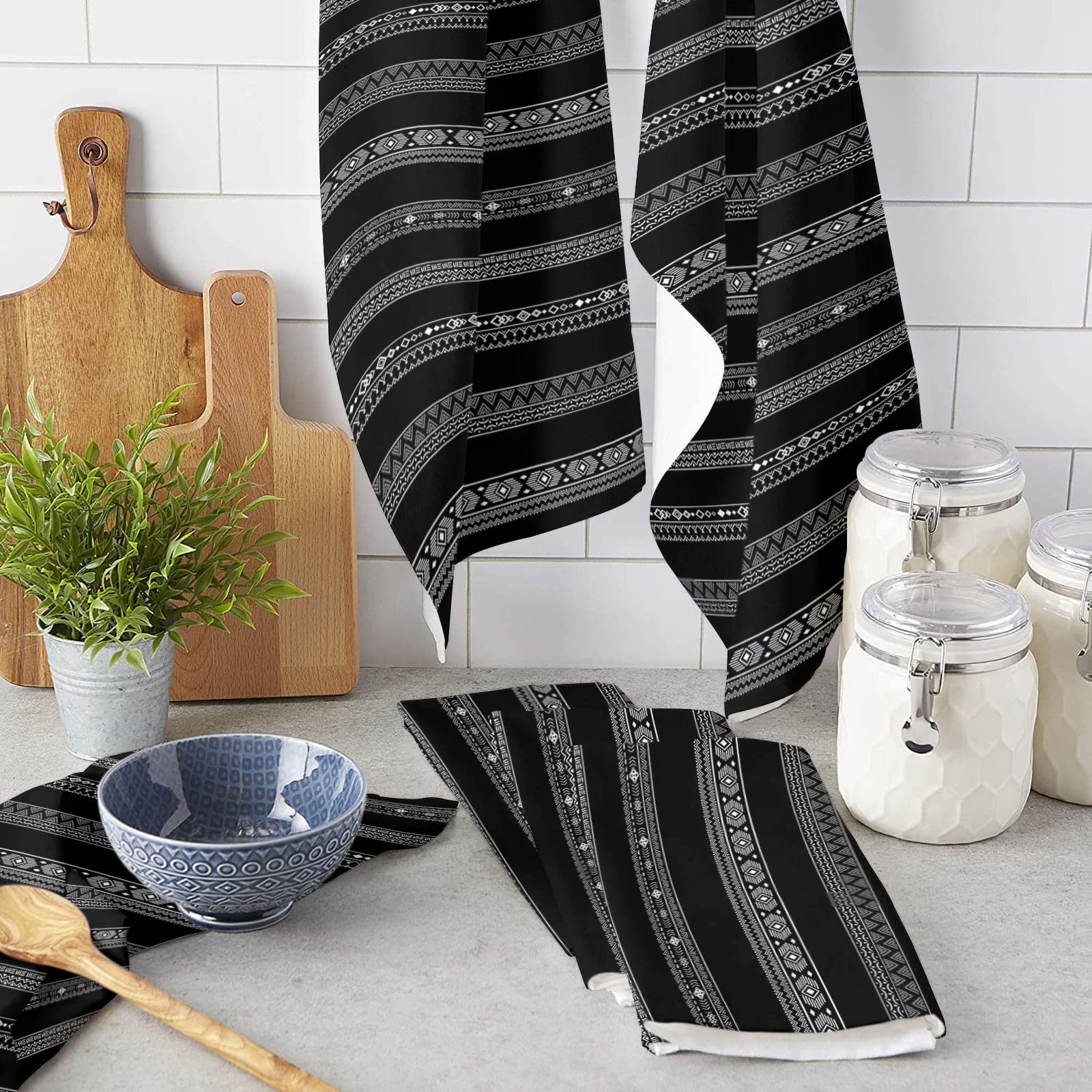 Edwiinsa Black Boho Kitchen Dish Towels and Dishcloths Sets, Native American Tribal Geometric Stripes 18 X 28 Inches Absorbent Hand Towels Dish Rags with Hanging Loop for Home Cleaning (4 Pack)
