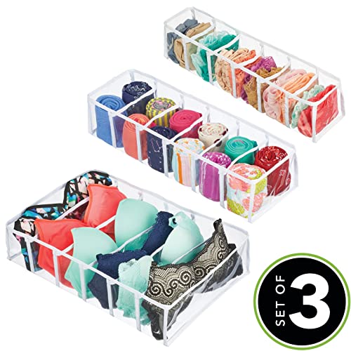 mDesign Rectangular Plastic Dresser Drawer Divider and Closet Storage Organizers for Lingerie, Bras, Socks, Underwear, Tights, Leggings, Scarves, Ties, Set of 3 - Clear/White