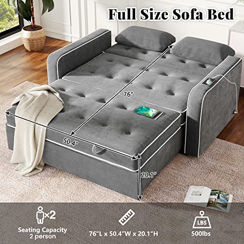 ERYE 3 in 1 Oversized Convertible Sleeper Sofabed,Modern Linen Upholstered Tufted Loveseat Sofa&Couch with Pull Out Sleep Couch Bed(Full Size),USB Charging Ports for Home,Apartment,RV Living Room