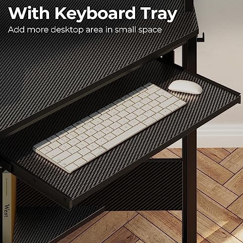 Rolanstar Corner Desk, 44.5" W x 34.5" H Small Carbon Fiber Computer Desk with Power Outlets, LED Lights and Keyboard Tray, Small Office Computer Desk with Monitor Stand for Small Space, Carbon Black