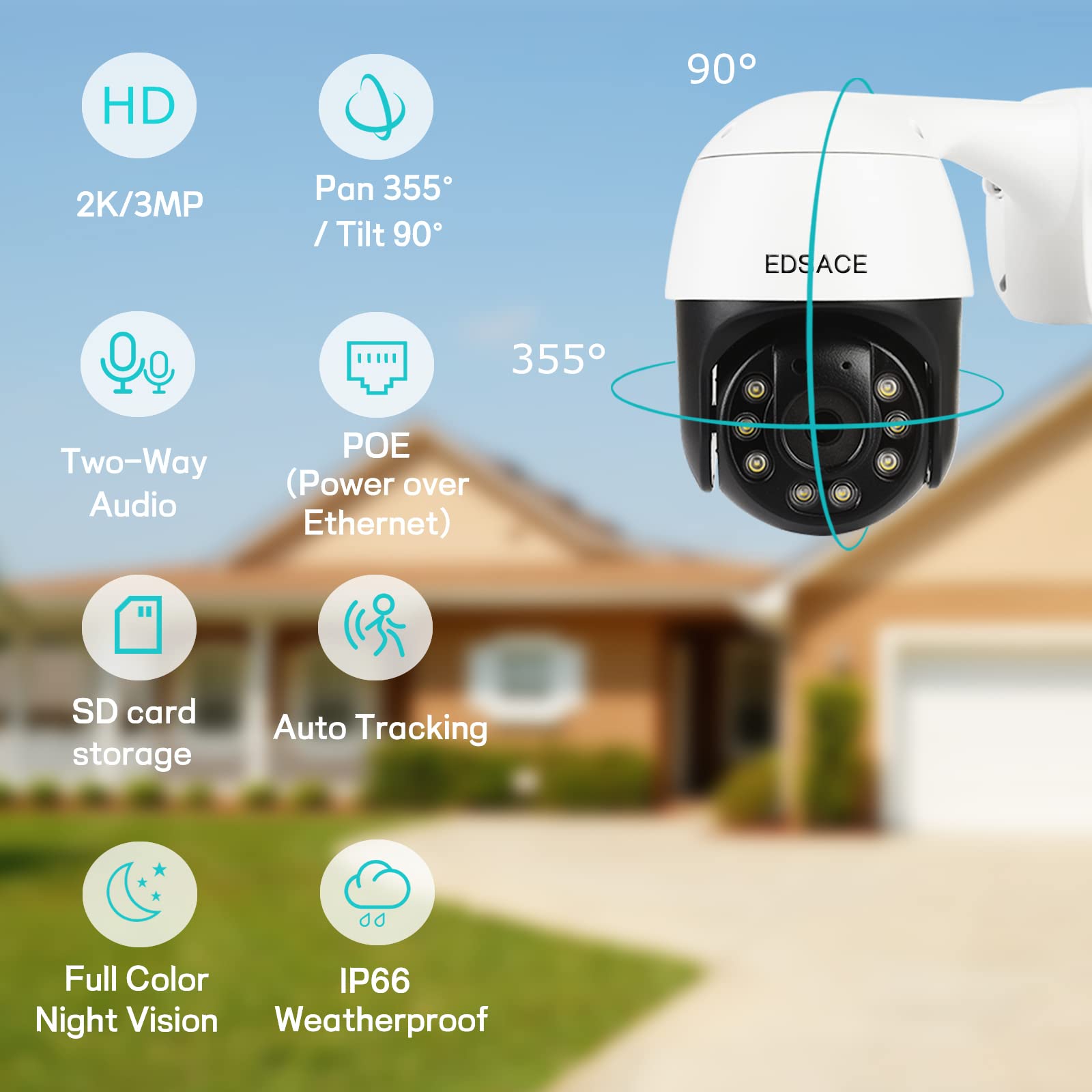EDSACE 2K PoE Security Camera Outdoor, HD 3MP Power Over Ethernet Camera with 2-Way Audio, 98ft Color Night Vision, AI Human Detection, IP66 Weatherproof, 360° Pan&90° Tilt,Work with nvr,pc