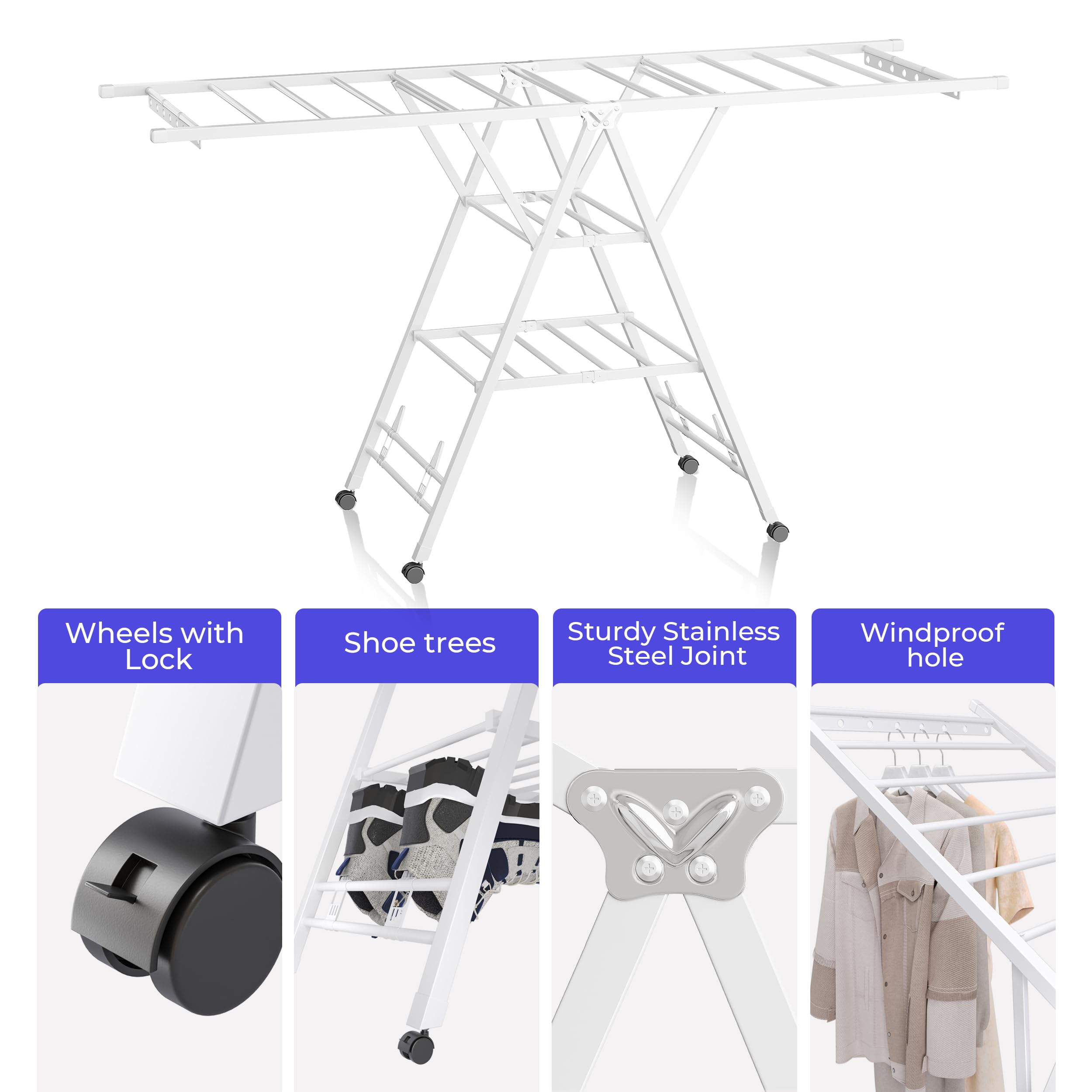 JOISCOPE 64 Inch Clothes Drying Rack Foldable,3-Level Gullwing Laundry Drying Rack& 3 Kinds of Height Adjustable,Free-Standing Large drying rack for Indoor Outdoor Use,Not Install & Space Saving,White