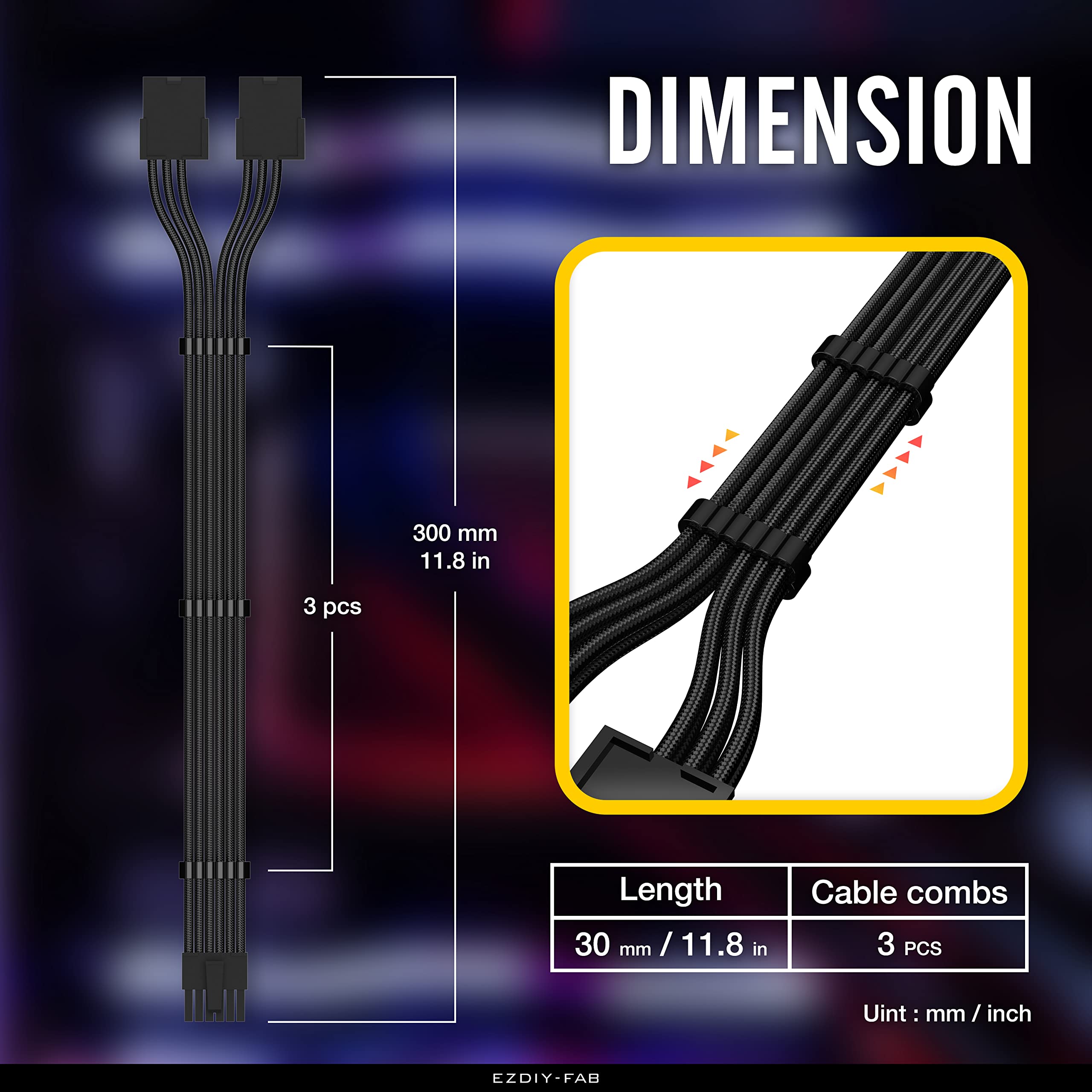 EZDIY-FAB PSU Cable Extension 12Pin to Dual 8P,16AWG PCIe Sleeved Extension Cable for RTX 3060ti 3070 3080 3080ti 3090- Black [300mm]