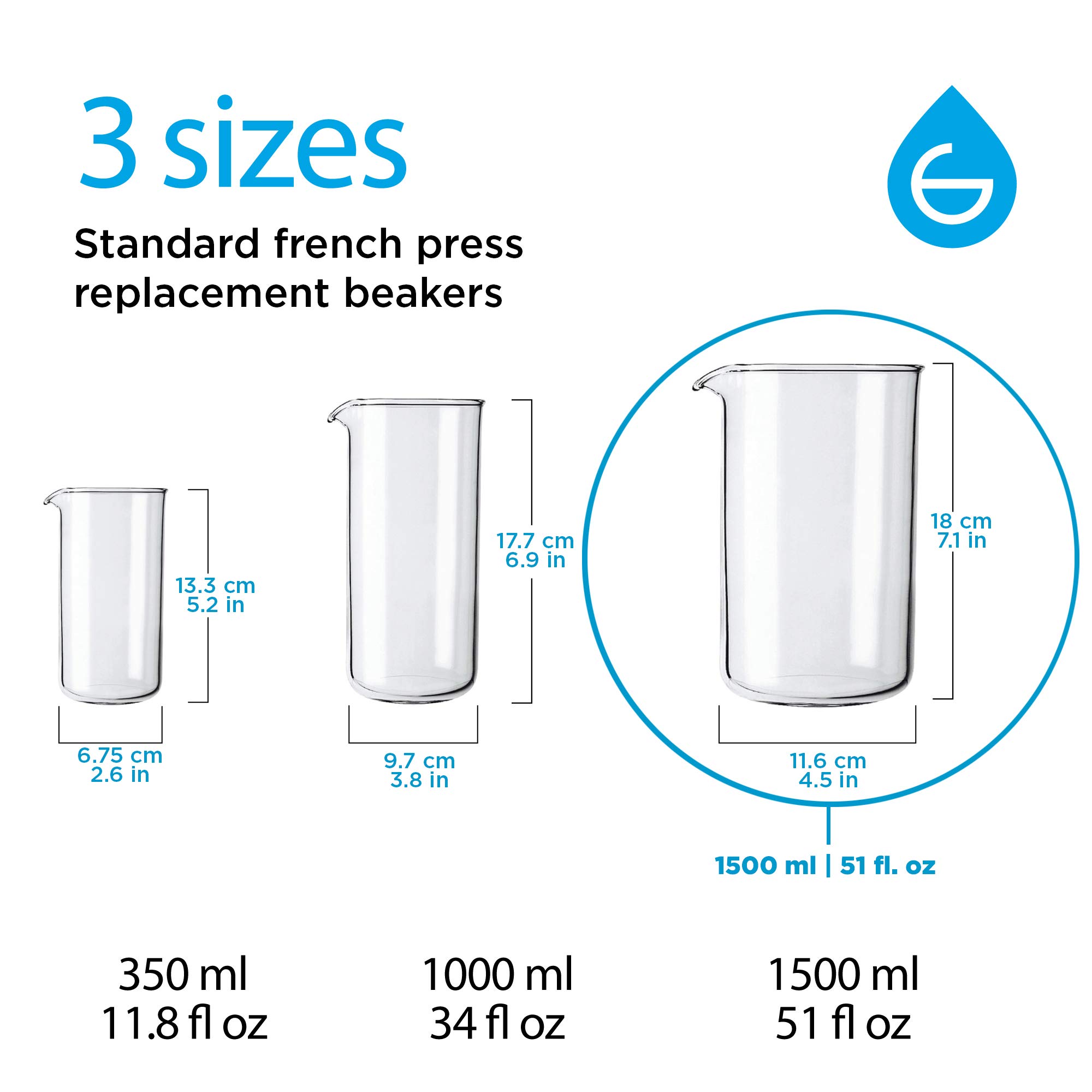 GROSCHE Borosilicate 3.3 Glass Universal Replacement Beaker for French Coffee and Tea Press Makers, 51 fl oz, Large