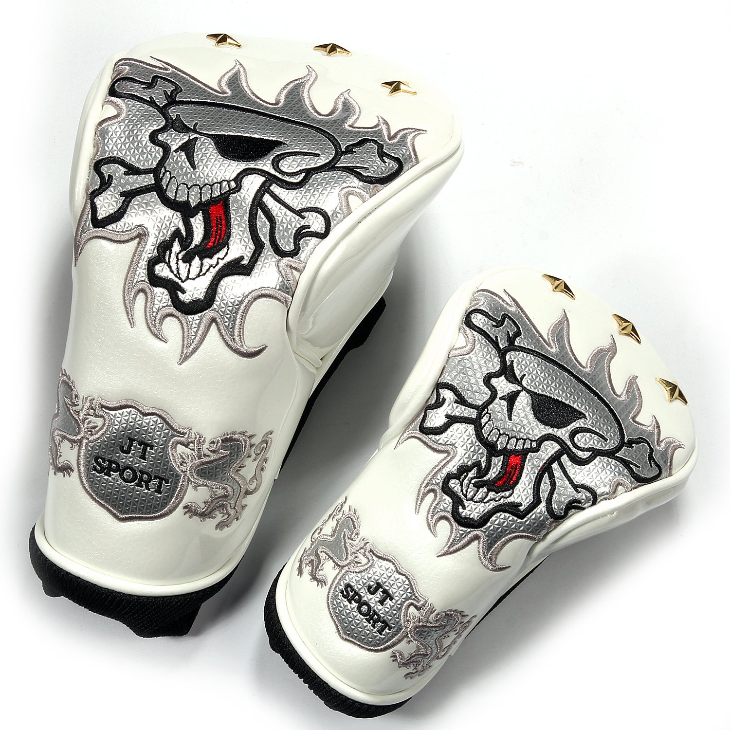 Crtystal Leather Skull Head Embroidery Style Golf Club Headcover Set Protector (3pcs/Set White Cover)