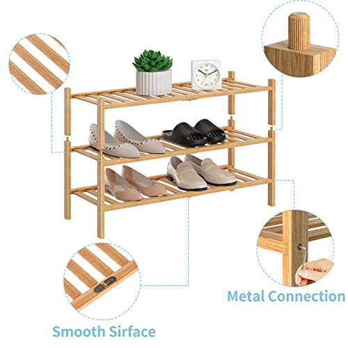RONGJIA 3-Tier Natural Bamboo Shoe Rack - Stackable Storage Shelf with Multi-Function Combinations - Free Standing Shoe Racks for Convenient Shoe Organization(Natural) 11" D x 27" W x 20" H