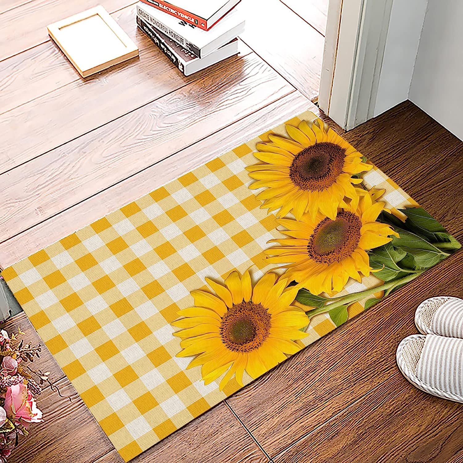 Door Mat for Bedroom Decor, Rustic Sunflower Yellow Buffalo Check Plaid Floor Mats, Holiday Rugs for Living Room, Absorbent Non-Slip Bathroom Rugs Home Decor Kitchen Mat Area Rug 18x30 Inch