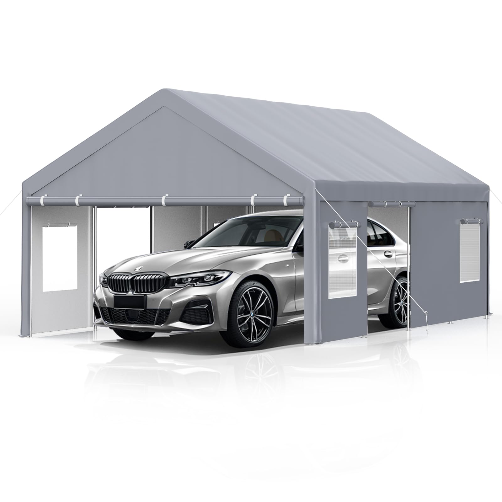 GarveeTech Carport,Iron Pipe + Pe Carport, 13x25FT All-Inclusive with 4 Doors &4Windows, Portable Garage with Removable Sidewalls & Doors, All-Season Tarp,Completely Waterproof and Sunproof,Grey