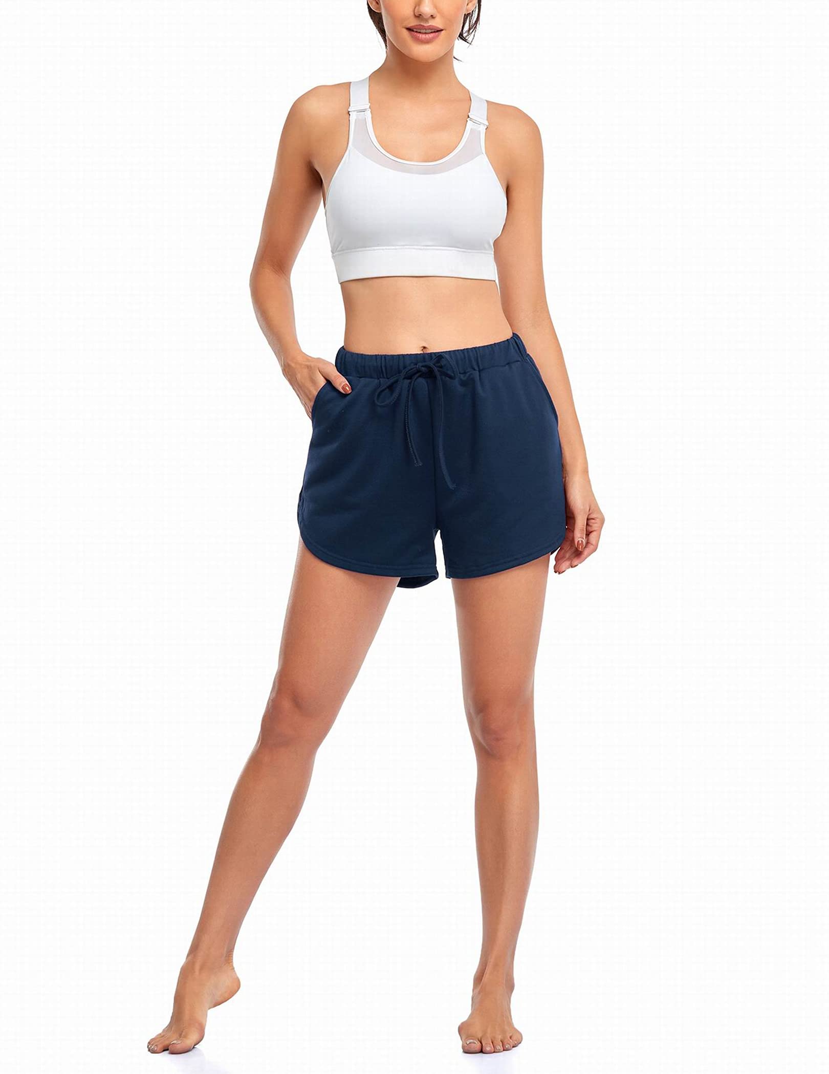 COOrun Drawstring Running Yoga Shorts Comfy Dolphin Shorts Lounging High Waist Terry Shorts Navy Blue Medium