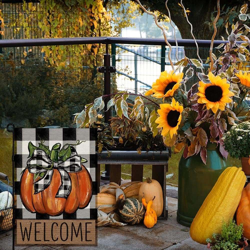 CROWNED BEAUTY Fall Pumpkin Garden Flag 12x18 Inch Double Sided for Outside Thanksgiving Burlap Buffalo Plaid Welcome Small Seasonal Yard Decoration (Orange)