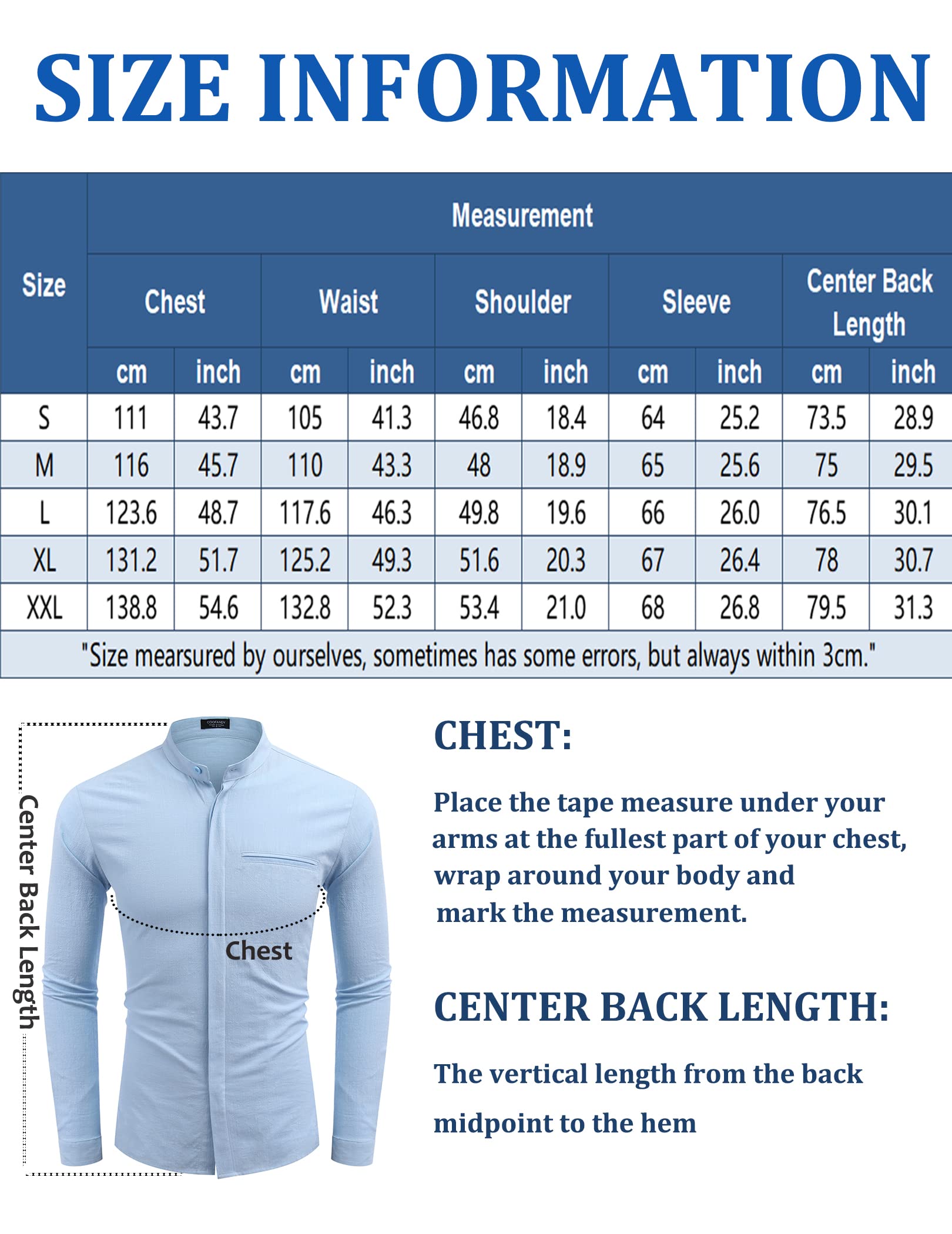 COOFANDY Men's Cotton Linen Shirt Long Sleeve Button Down Shirts Band Collar Beach Yoga Shirts Sky Blue