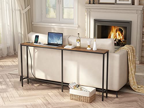 SUPERJARE Console Table with Outlet, 63 Inch Sofa Table with Charging Station, Narrow Entryway Table, Skinny Hallway Table, Behind Couch Table, for Living Room, Plants - Rustic Brown