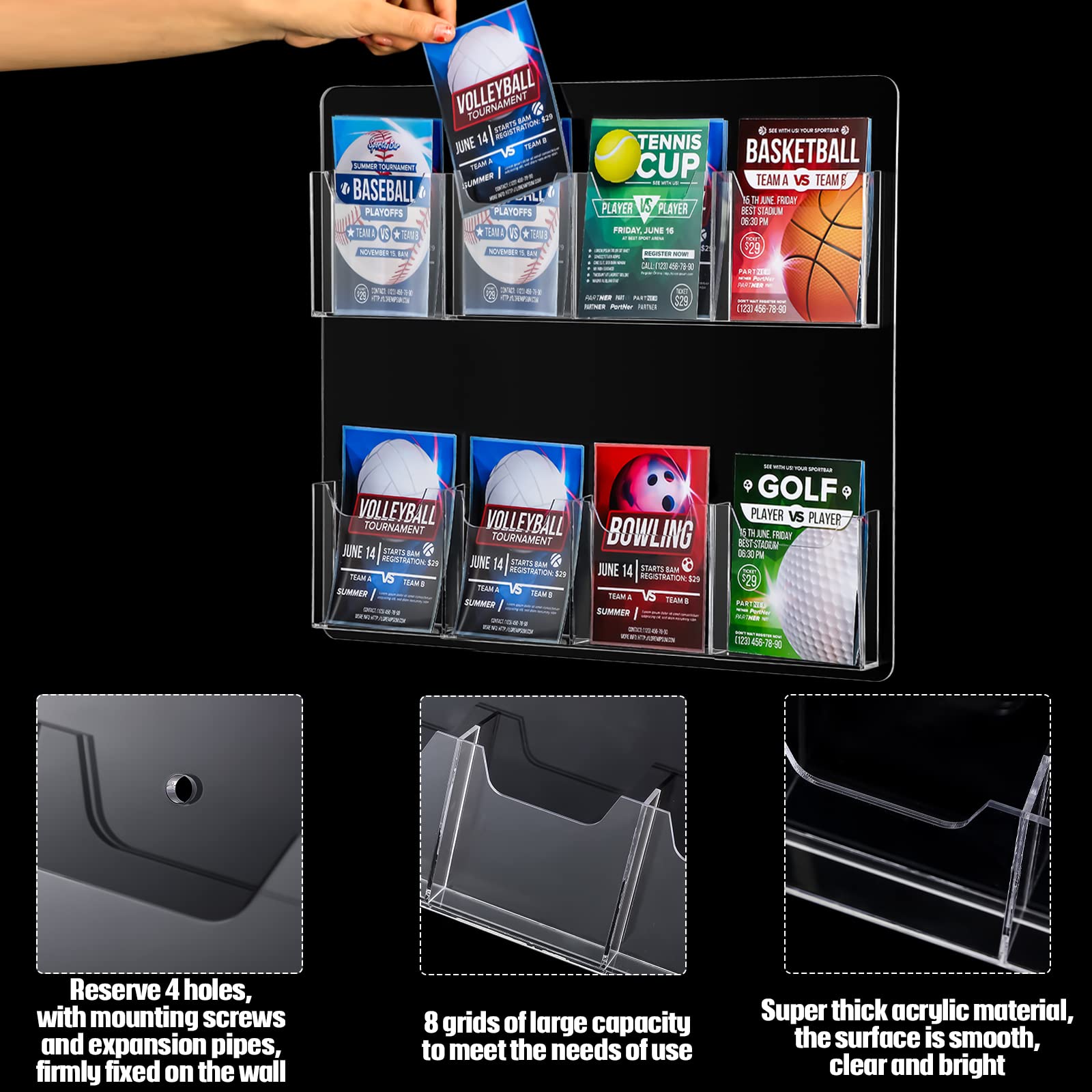 Eersida Acrylic Brochure Pamphlet Holder Brochure Display Stand Business Tri Fold Brochure Multi Slot Holder Rack Wall Mount Clear Pocket Space Saver for Flyer Literature Menu Advertise (8 Pockets)
