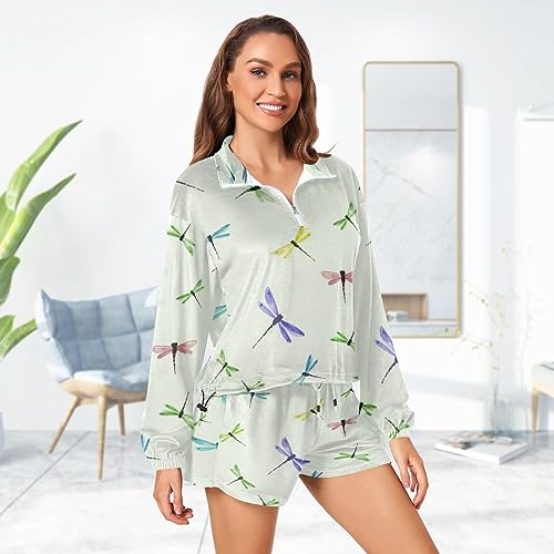 Kigai Colorful Dragonfly Jogging Suits for Women Lounge Cozy Long Sleeve Half Zip Lapel Collar Sweatsuit Set,XL