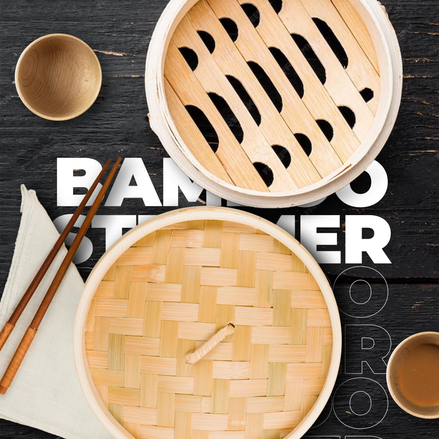 Grown Goods Bamboo Steamer Handmade Basket with Lid | 10 inch 2 Tier Steaming Basket Traditional Design | For Dumplings, Rice, Dim Sum, Vegetables, Fish, and Meat | Includes 50 liners, 2 bamboo sauce