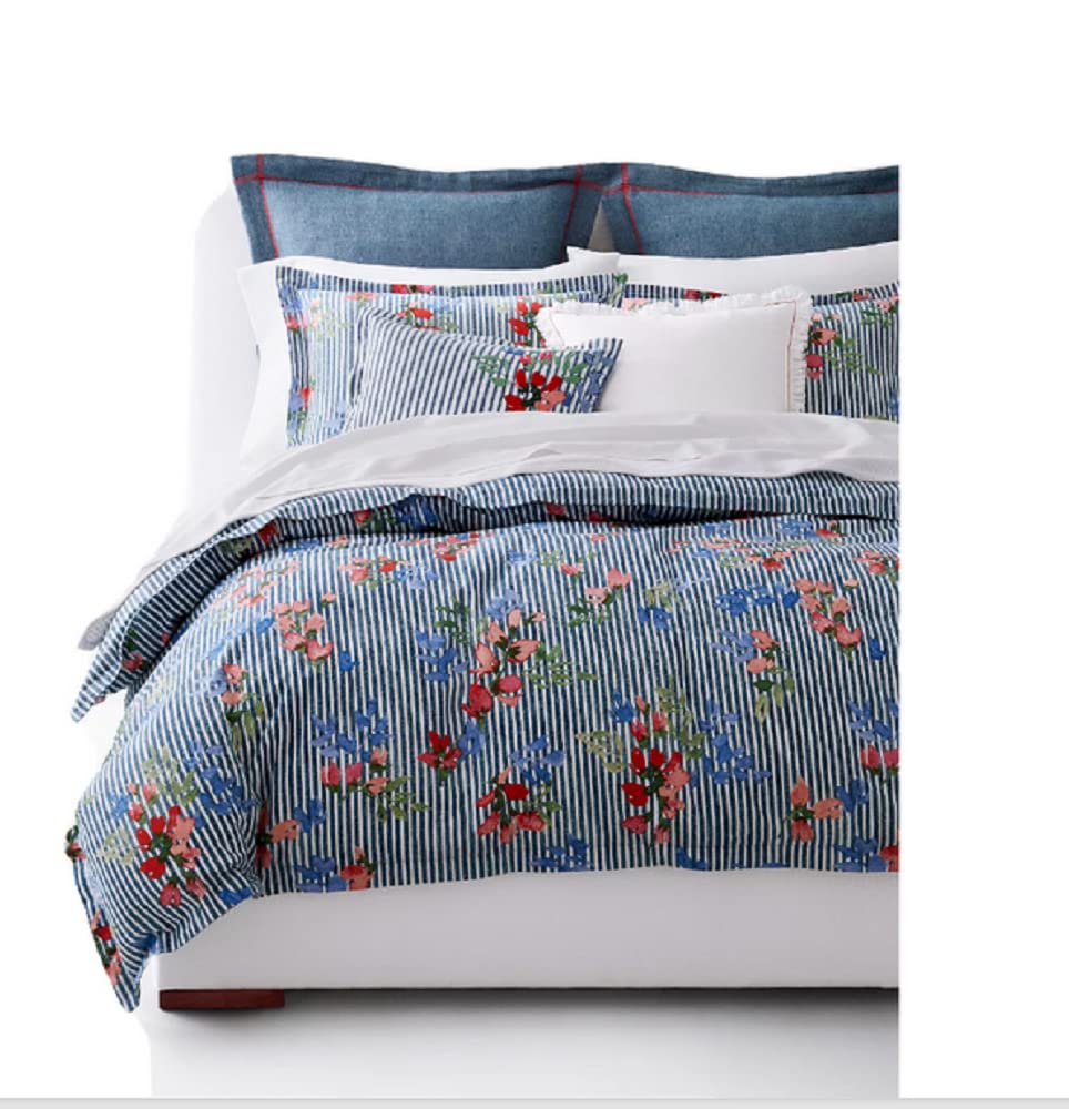 Lauren Ralph Lauren Maggie Floral Stripe Full Queen 3 pc Duvet Cover Set Shams Blue Pink White (Queen (U.S. Standard))