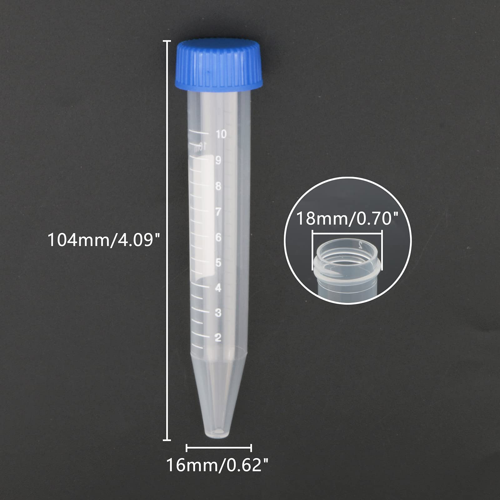 Kesell 10ml Centrifuge Tube Conical Bottom Blue Screw Cap with Clear Graduation and Writing Area, Pack of 20