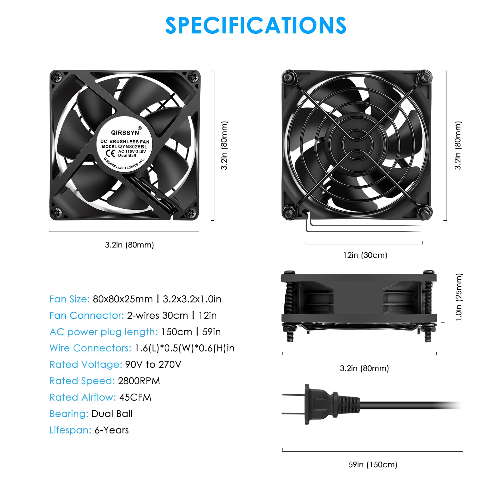 Qirssyn EC Axial Fan 80mm x 25mm 3inch AC 110V 115V 120V 220V 240V Dual Ball for Small Camper Refrigerator Projector Breaker Box Modem Stereo Receiver Cooling