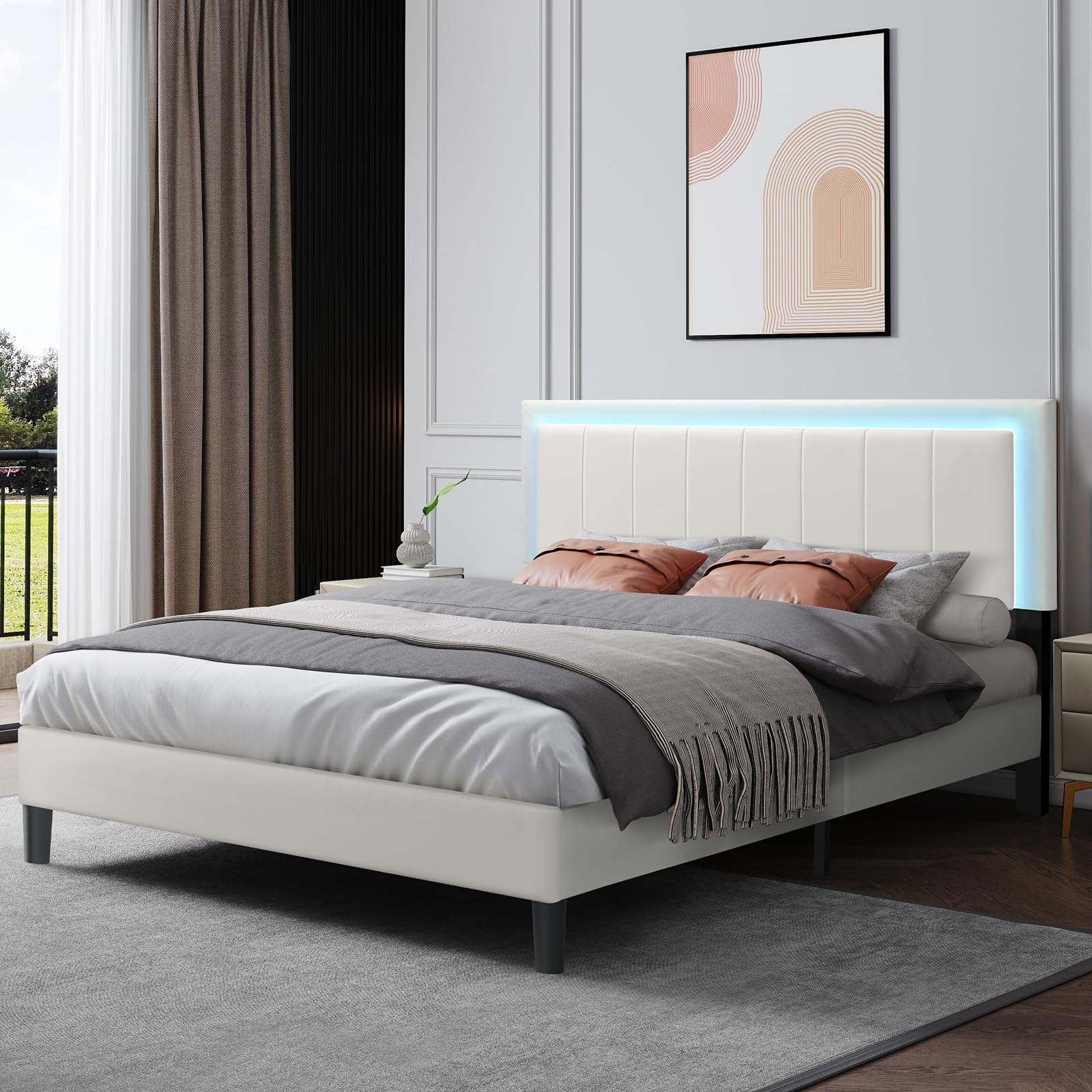 Catrimown King Size Bed Frame with LED Lights, Upholstered Bed Frame King with Faux Leather Headboard, Wood Slat Support, No Box Spring Needed, Easy Assembly, Black