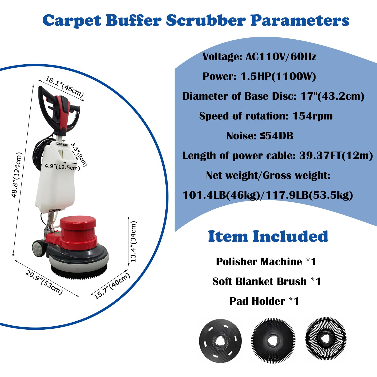 HayWHNKN Floor Polisher Commercial Floor Scrubber Buffer Carpet Buffer Scrubber 17" Heavy Duty Polisher Machine 154RPM Multifunctional Carpet Cleaner with 3Gal Water Tank 110V