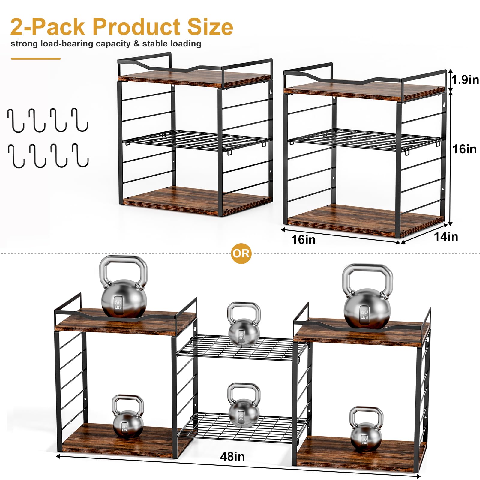 LIDTOP 2 Pack Laundry Room Shelves for Wall Mounted with Metal Baskets, Laundry Shelves Over Washer and Dryer Shelf, 3 Tier Organization and Storage Shelves for Laundry Bathroom Kitchen, 8 Hooks