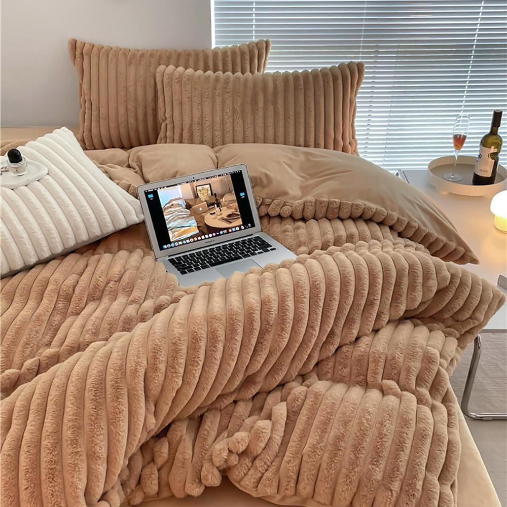 Jolusere Luxury Shaggy Plush Duvet Cover Set King Size Camel Velvet Bedding Set Faux Fur Fluffy Fuzzy Soft Furry Warm Winter Comforter Cover for Teen Girls Women Gifts 3 Pieces Farmhouse Bed Set