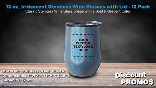 Custom Palmera Stemless Wine Tumblers with Lids 12 oz. Set of 12, Personalized Bulk Pack - Perfect for Wine, Cocktails, Other Hot & Cold Beverages - Iridescent Blue