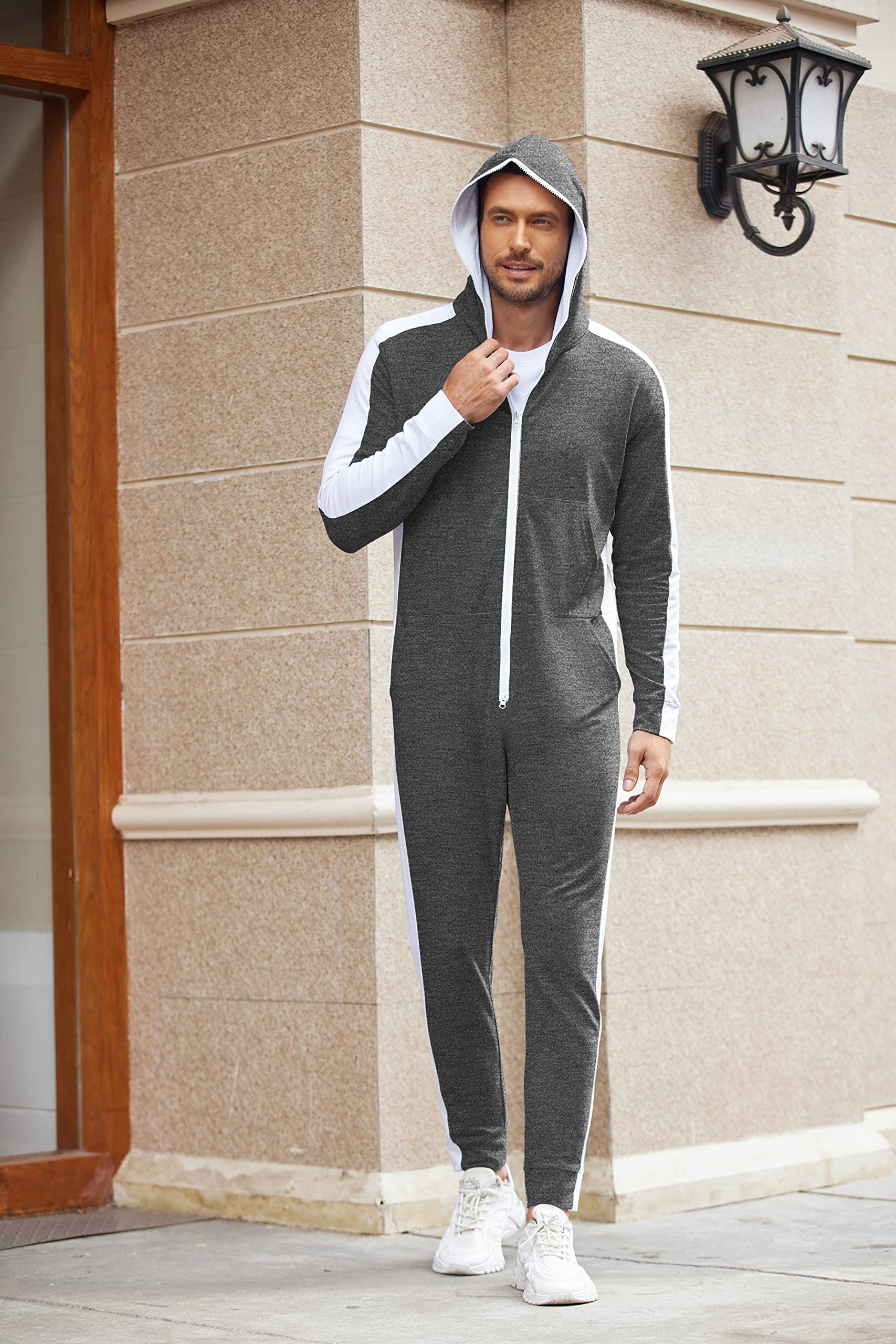 COOFANDY Mens Casual Jumpsuits Winter Long Rompers Full Zip-Up Onesie Sweatsuit Overalls Gray M