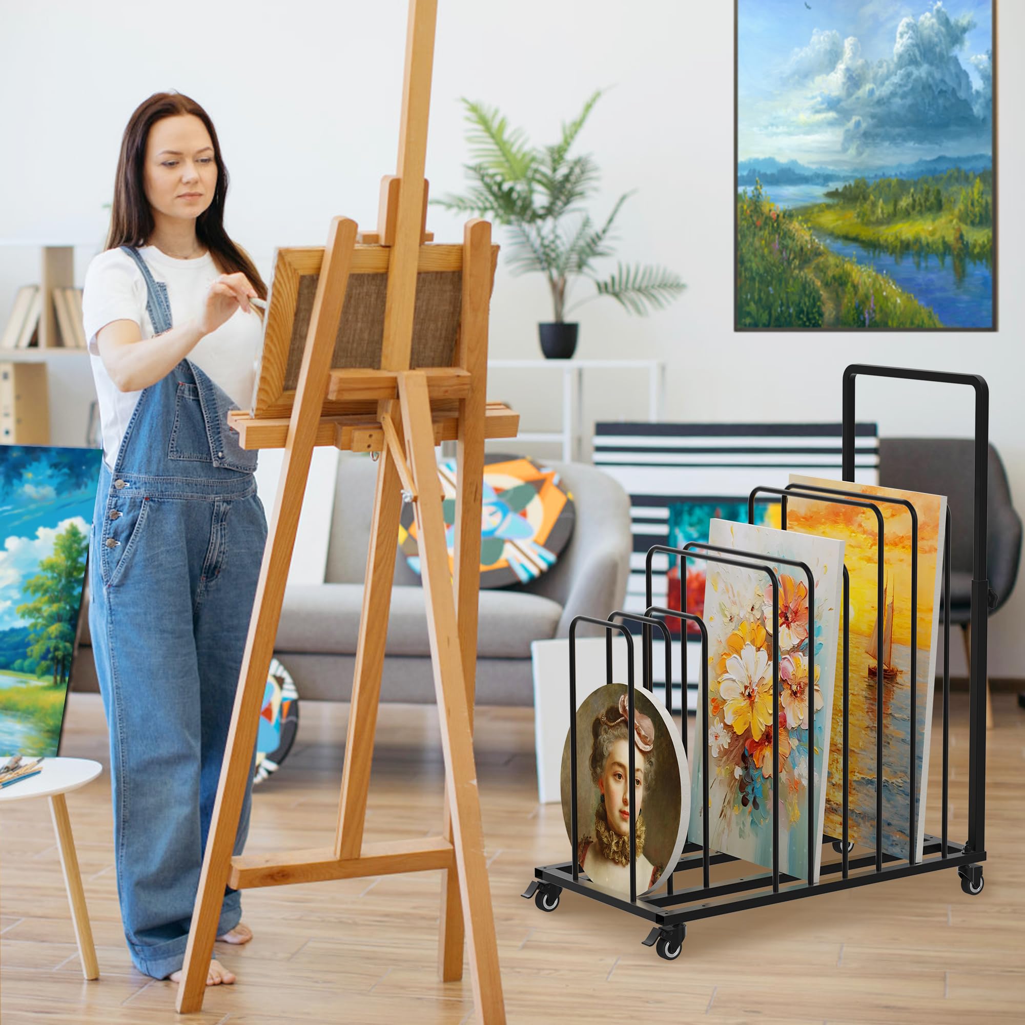 lukar Art Storage Rack with Wheels, Metal Canvas Rack Art Storage, Rolling Art Canvas Organizer with Handle, Art Drying Rack for Art Studio, Gallery, Artworks