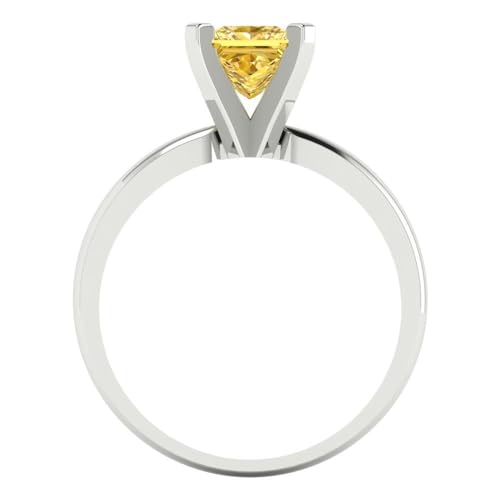 Clara Pucci 1.0 ct Princess Cut Solitaire Canary Yellow Simulated Diamond Bridal Designer Anniversary Engagement Ring Real 14k White Gold
