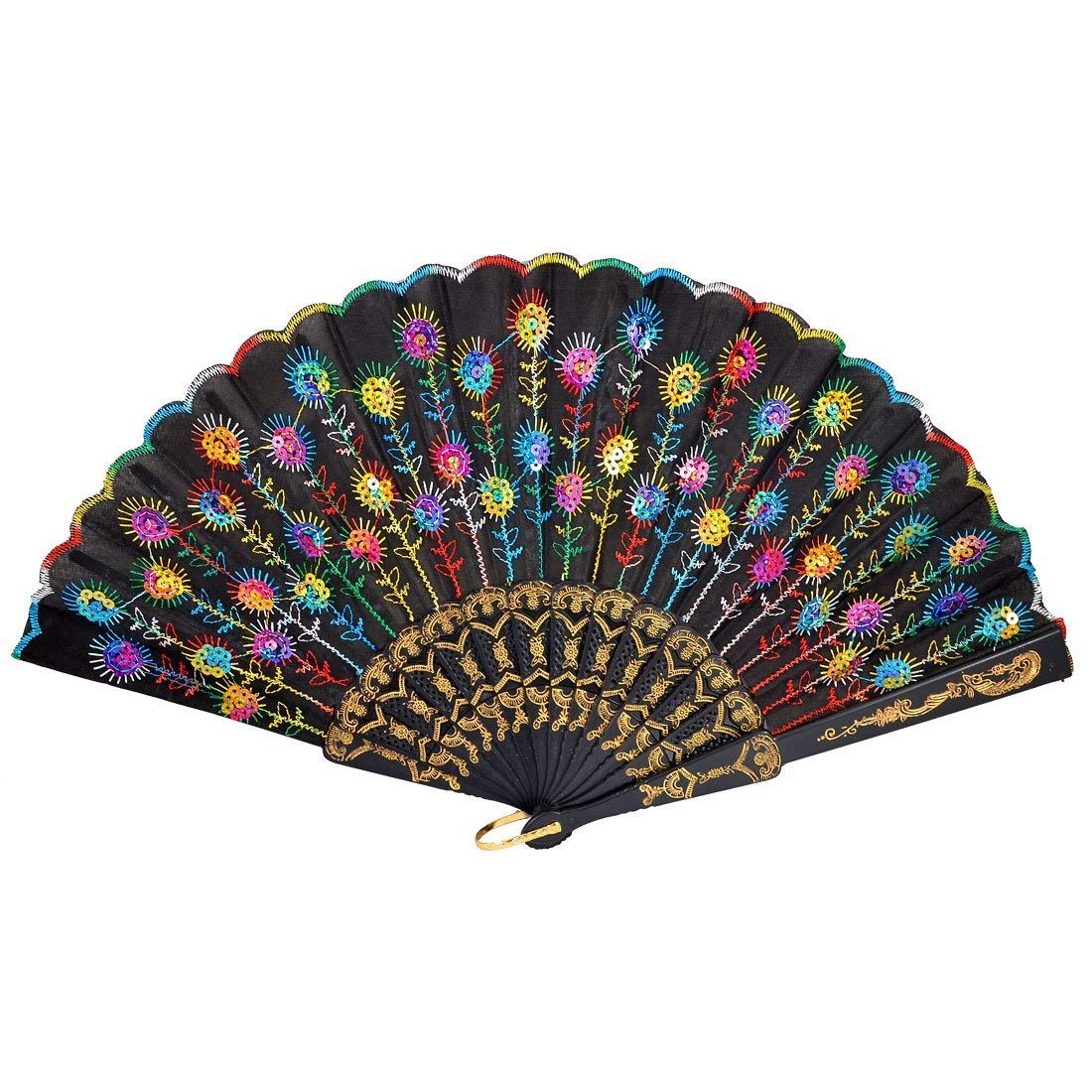 DTBBKsy Colored Embroidered Flower Pattern Black Cloth Folding Hand Fan for Woman Hand Fan Folding Fan