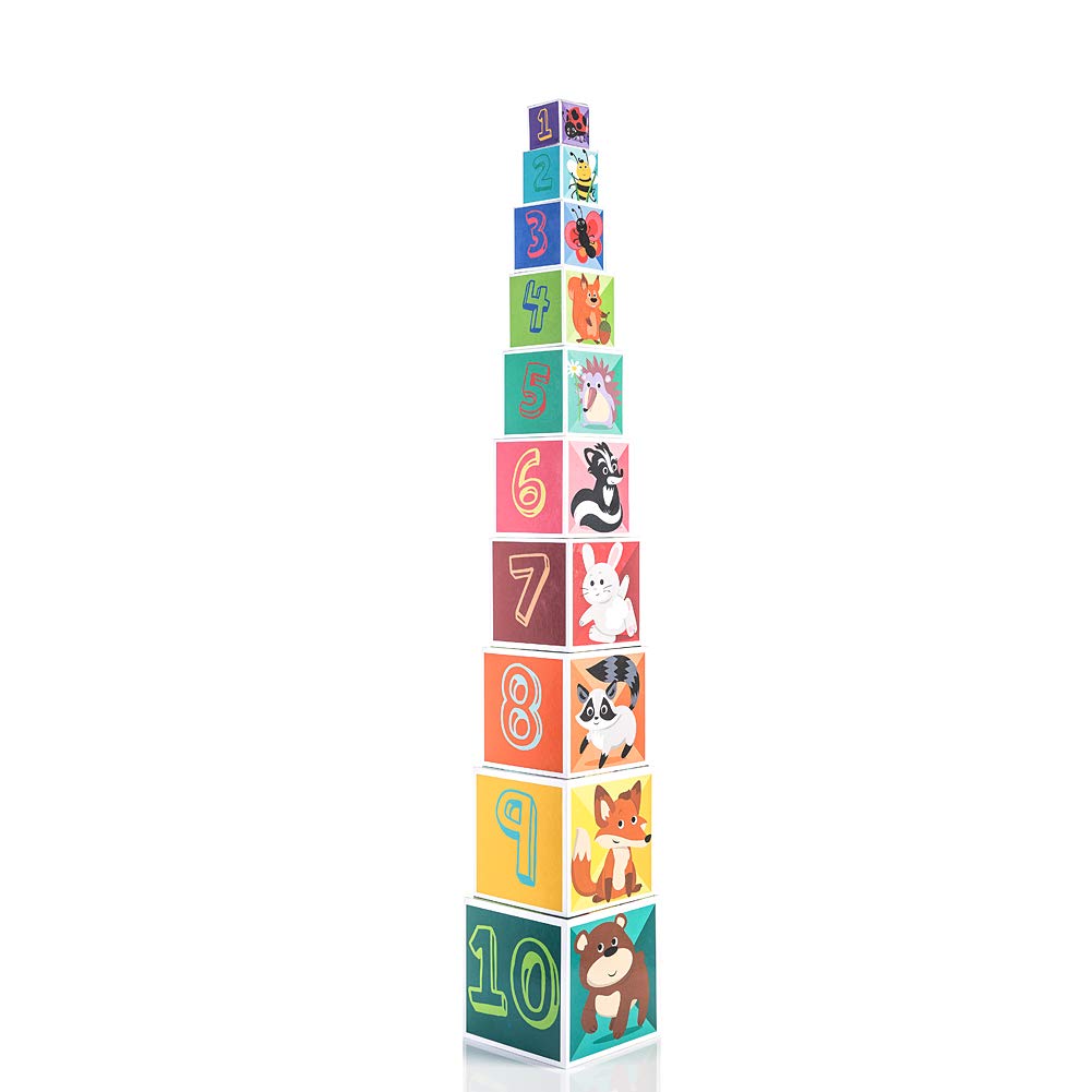 CRUISTORE Cardboard Nesting and Stacking Blocks Set | 10 Pcs of Blocks with Animal、Plant、Numbers、Letters | Development Stacking Games for Kids Toddlers