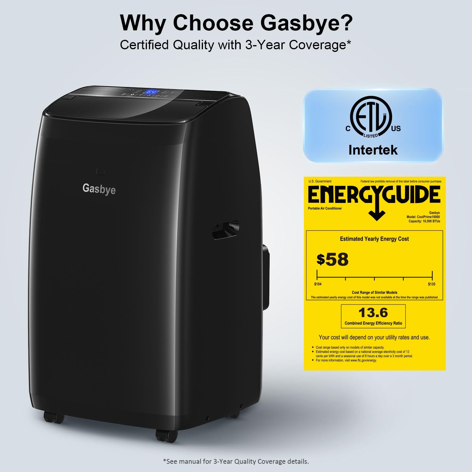 Gasbye Dual Hose Portable Air Conditioner, [2024 Upgraded] Full DC Inverter Compressor, Energy-Saving 13.6 CEER, Low Noise (45dB), Cools Room up to 500 Sq.Ft., Backlit Remote Control, 14,000BTU, Black