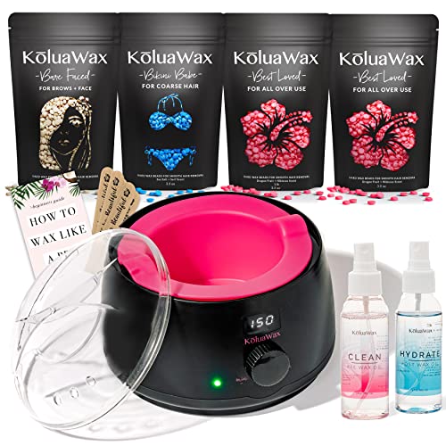 KoluaWax Premium Waxing Kit for Women - Hot Melt Wax Warmer for Hair Removal, Eyebrow, Bikini, Legs, Face, Brazilian Wax & More - Machine + 4-Pack Hard Wax Beads + Accessories, Black