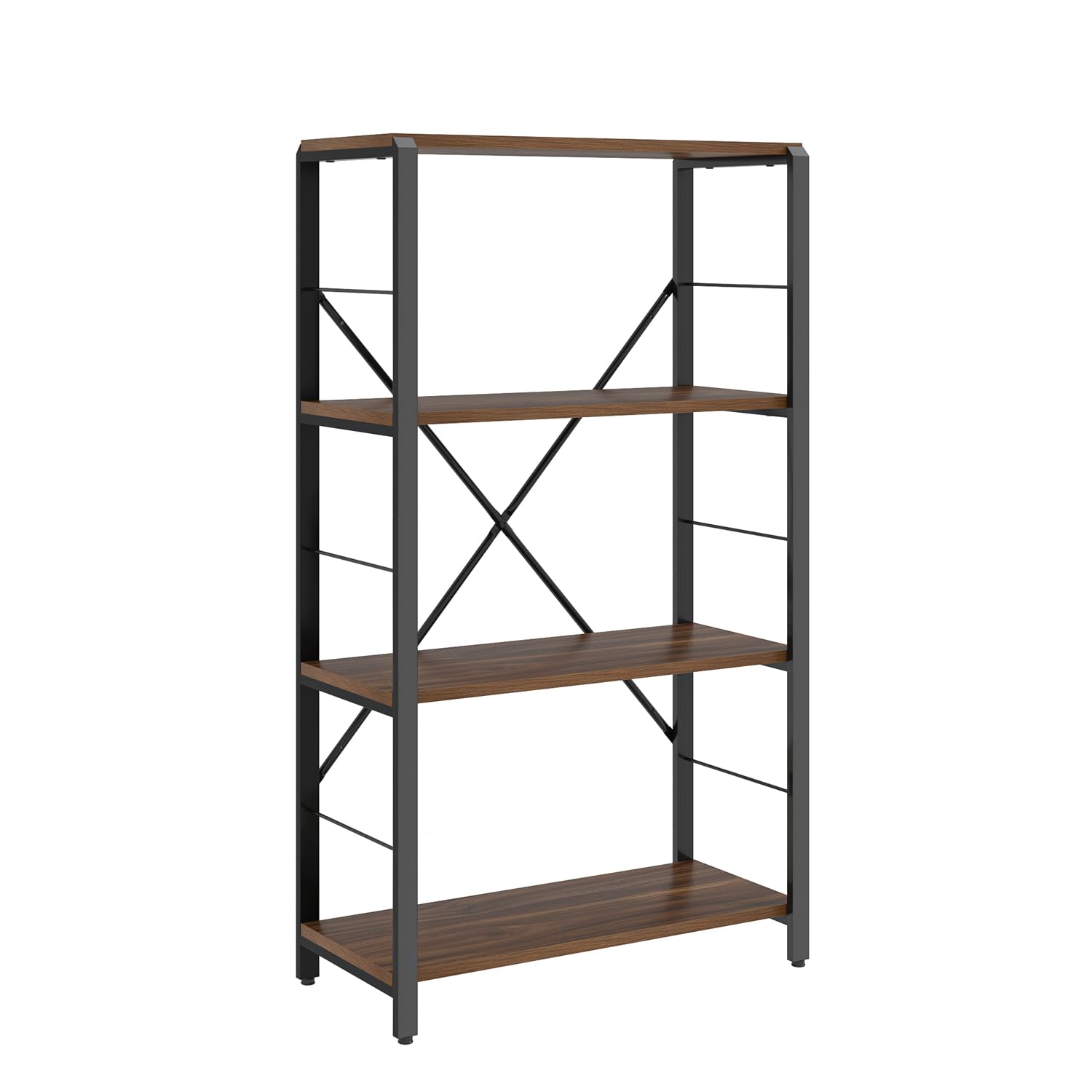 FOLUBAN Modern Bookshelf, 4 Tier Open Display Storage Book Shelf Organizer, Industrial Metal and Wood Bookshelves and Bookcases for Living Room Bedroom Office, Rustic Walnut