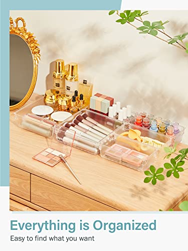 Kootek 6 Pcs Drawer Organizer Set, 3-Size Bathroom Drawer Organizers Makeup Trays Vanity Desk Dividers Versatile Storage Bins Clear Plastic Drawer Organization Container for Dresser, Kitchen, Office