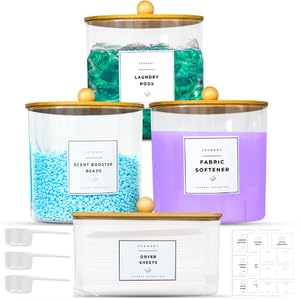 JOOBARY Laundry Detergent Dispenser Containers - 4 Pack Laundry Powder Container & Dryer Sheet Holder , Laundry Room Organization And Storage , Laundry pods Soap Dispenser,Laundry Labels,Beads