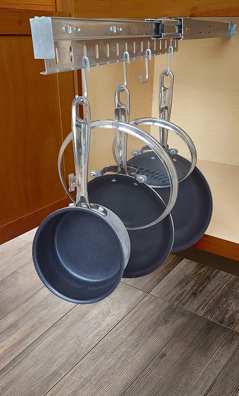 Dr. Organizer Pull Out Cabinet Pot & Pan Organizer, Holds A Complete Set Including Lids, USA Patented, Solid Steel with Soft Close Slide