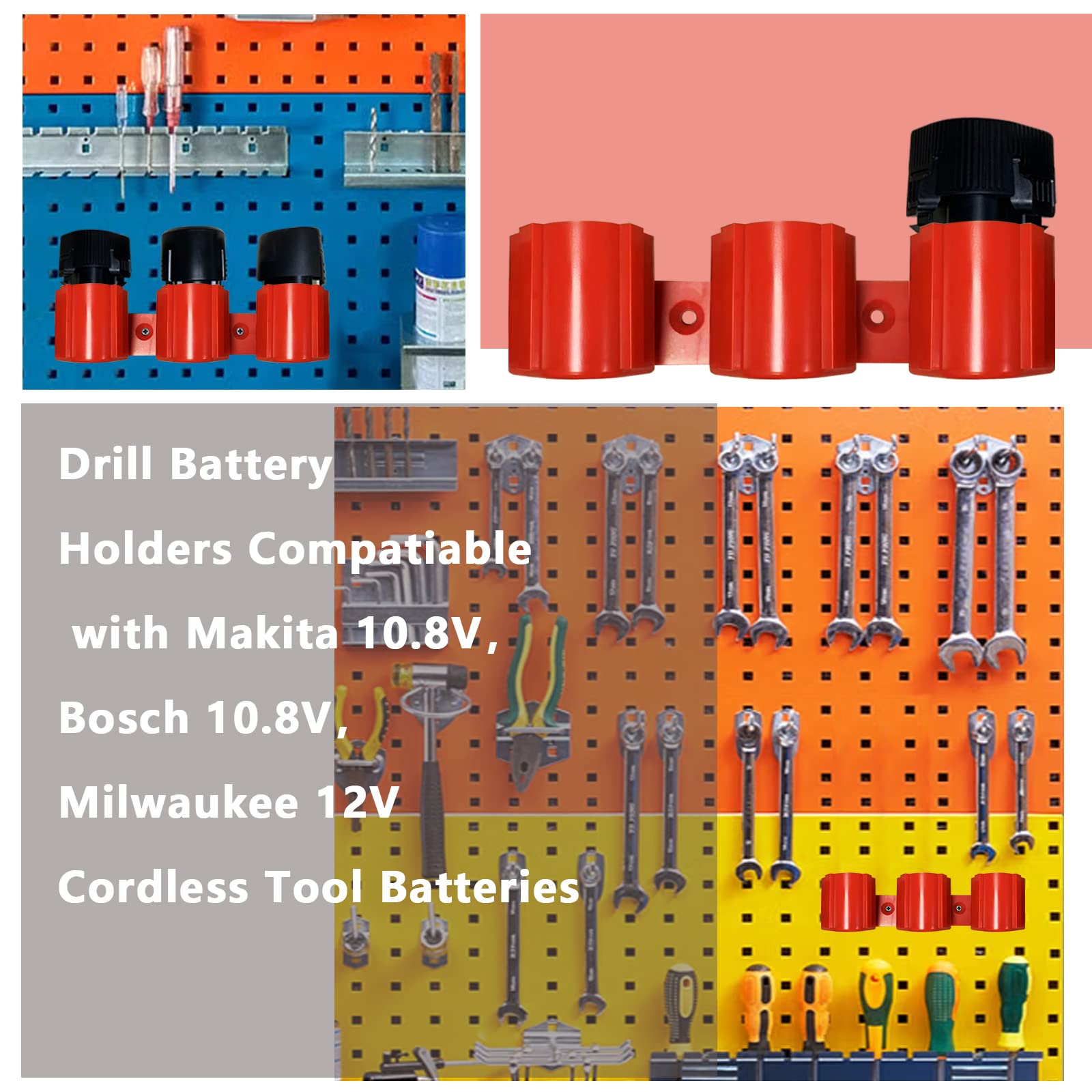 EID 2PCS Battery Holder for Milwaukee M12 & for Bosch 10.8V & for Makita 10.8V Triple Battery Holder Wall Mount 3-Slot Rack,Battery Pack Storage Mount (Red Battery Holder)