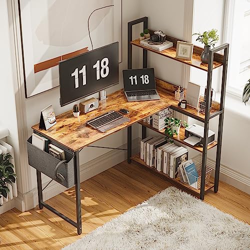 SiliBamb 47 Inch Computer Desk for Home Office, Small L Shaped Desk with Shelves, Corner Desk with Storage, Home Office Desks, Writing Study Desk, Brown