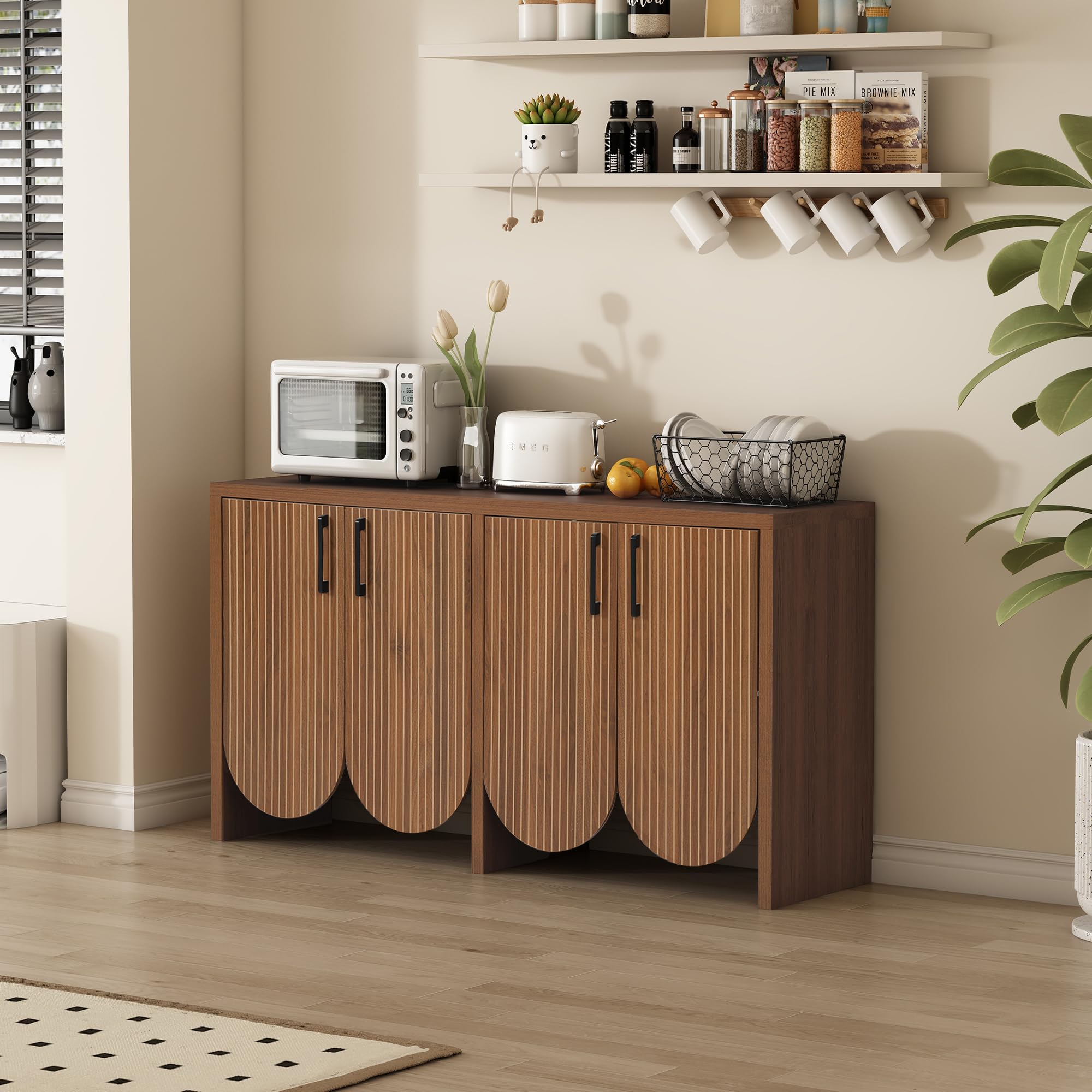 Fluted Buffet Sideboard Cabinet with Storage,Scandinavian 57.9β Storage Cabinet with Adjustable Shelves,Carved Arc Door Design Accent Buffet Cabinet for Living Room Dining Room (Walnut, 4 Door)