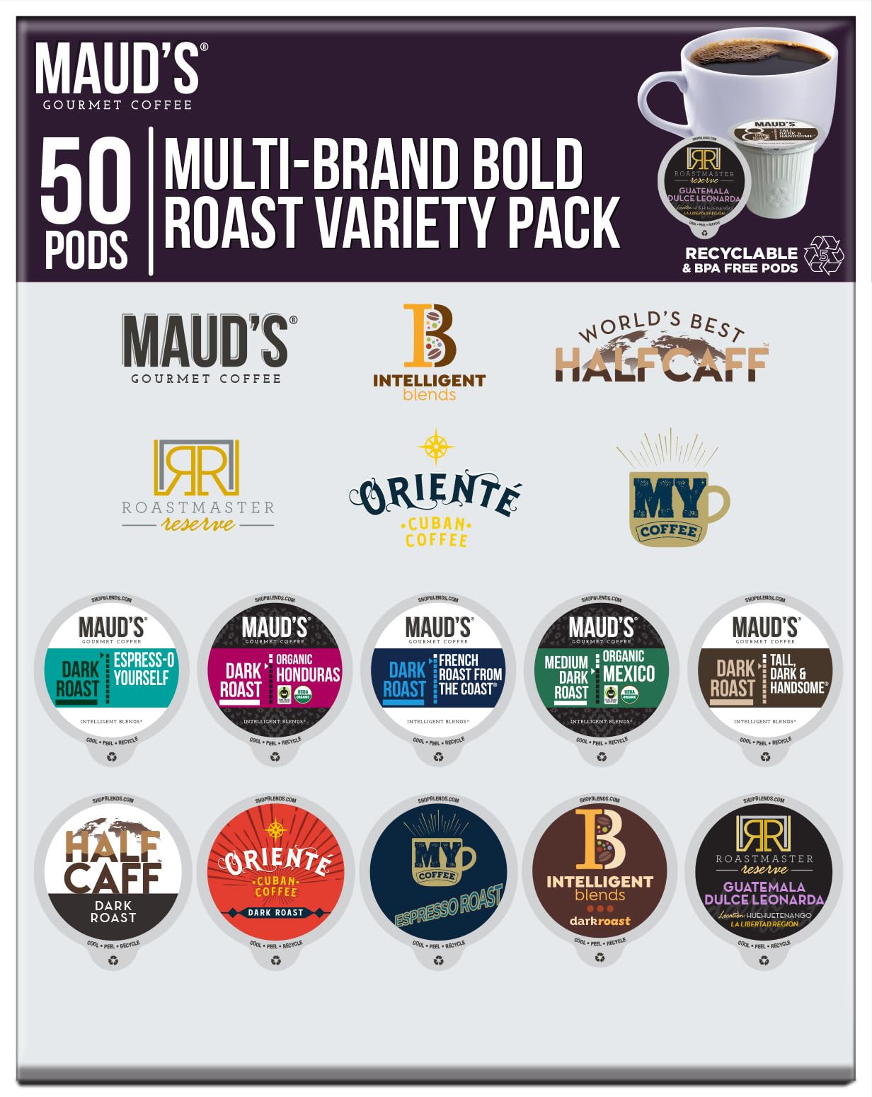 Dark Roast Coffee Variety Pack, 50ct. Solar Energy Produced Recyclable Single Serve Dark Roast Coffee Pods Variety Pack - 100% Arabica Coffee California Roasted, KCup Compatible