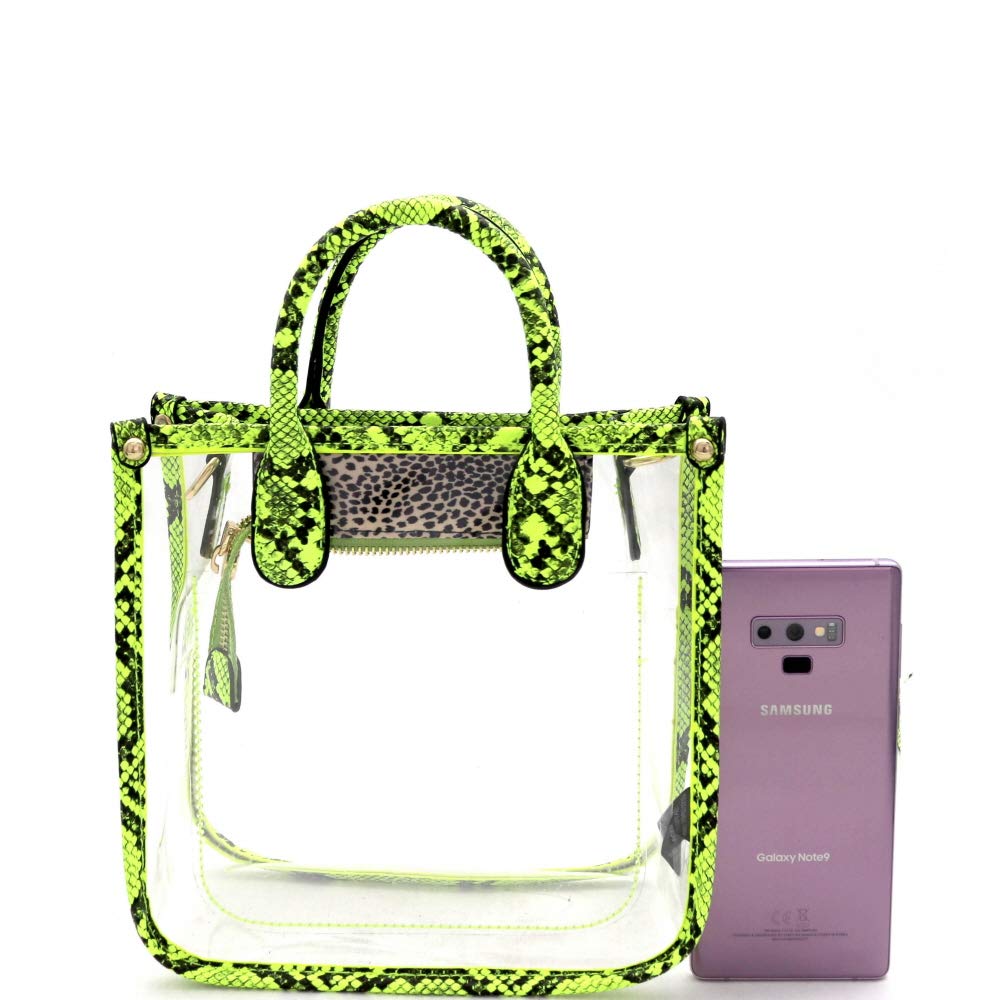 Stadium Approved Vegan Leather Snake Print Small Large Clear Tote Bag Purse (Small 2 Way Tote - Neon Yellow)